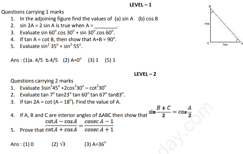 CBSE Class 10 Mathematics Trigonometry Assignment Set A CBSE Class 10 Mathematics Trigonometry Assignment Set A